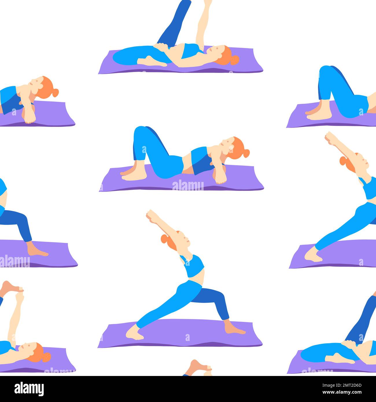 Yoga poses with mat seamless pattern wallpaper. Ginger European female ...