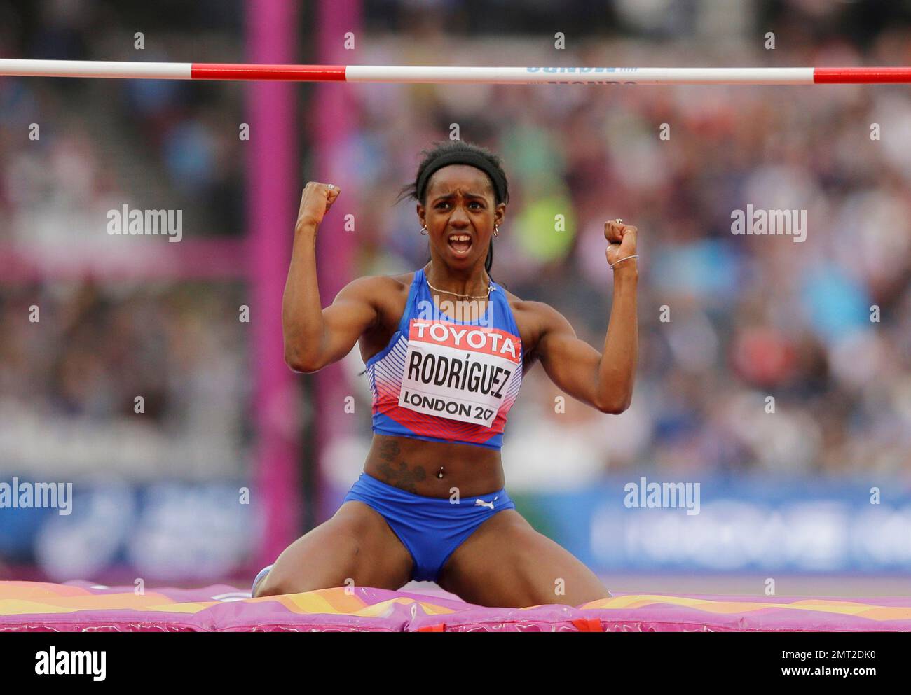 Cuba's Yorgelis Rodriguez celebrates after an attempt in the high jump ...