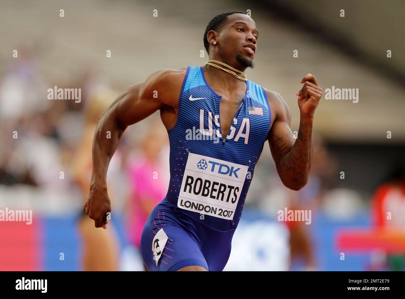 United States' Gil Roberts competes in a Men's 400m first round heat ...