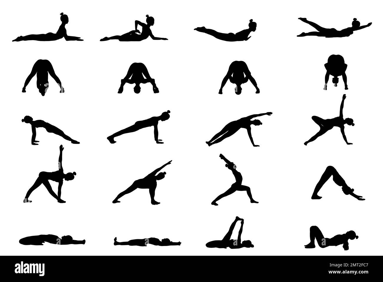 Yoga poses collection. Black shadow. Female woman girl. Vector ...