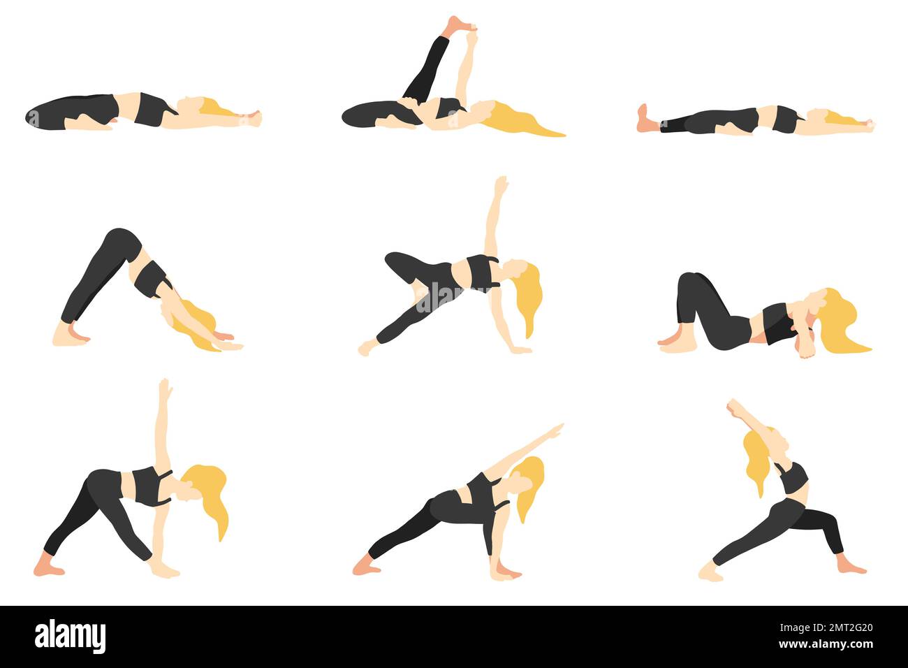 Yoga poses collection. Blonde European female woman girl. Vector ...