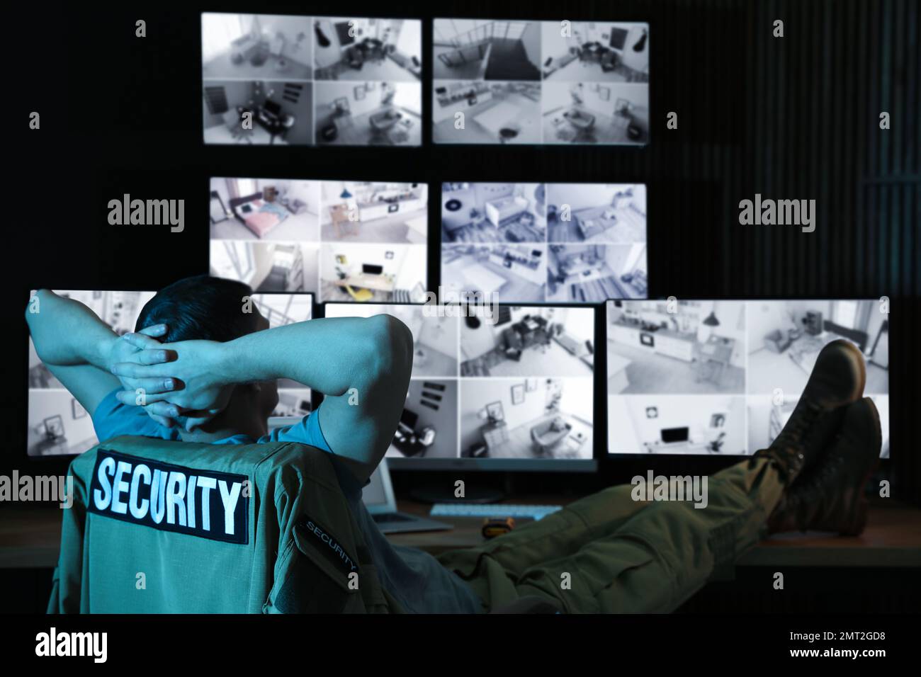 Security guard monitoring modern CCTV cameras at night Stock Photo - Alamy