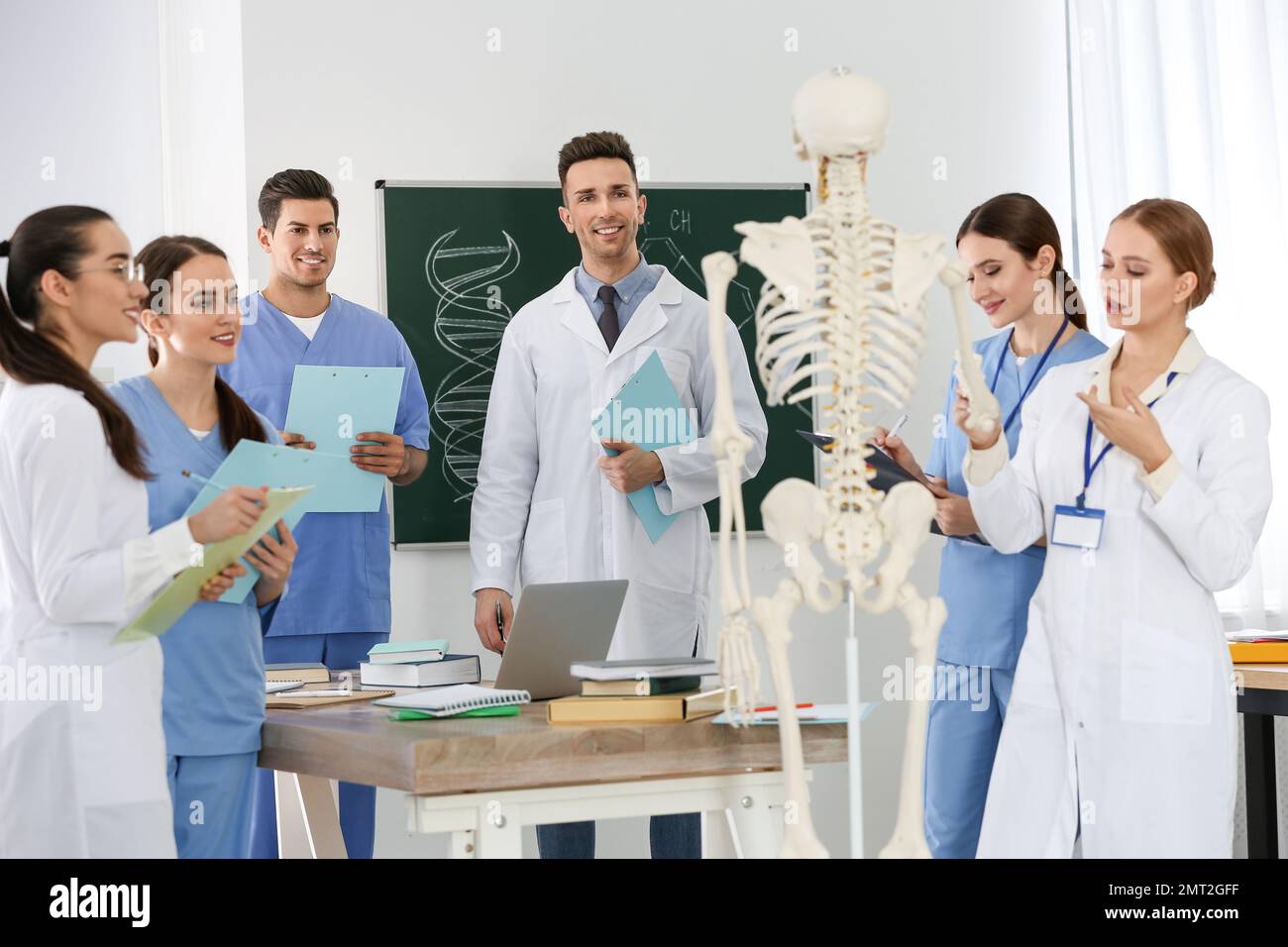 Medical students studying human skeleton anatomy in classroom Stock ...