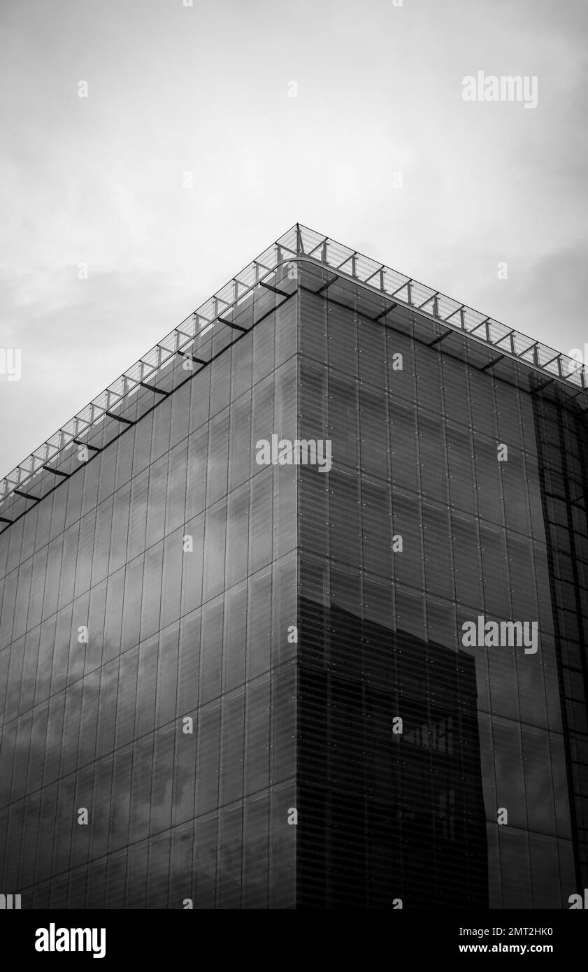 A vertical grayscale of high building in the process of restoration ...