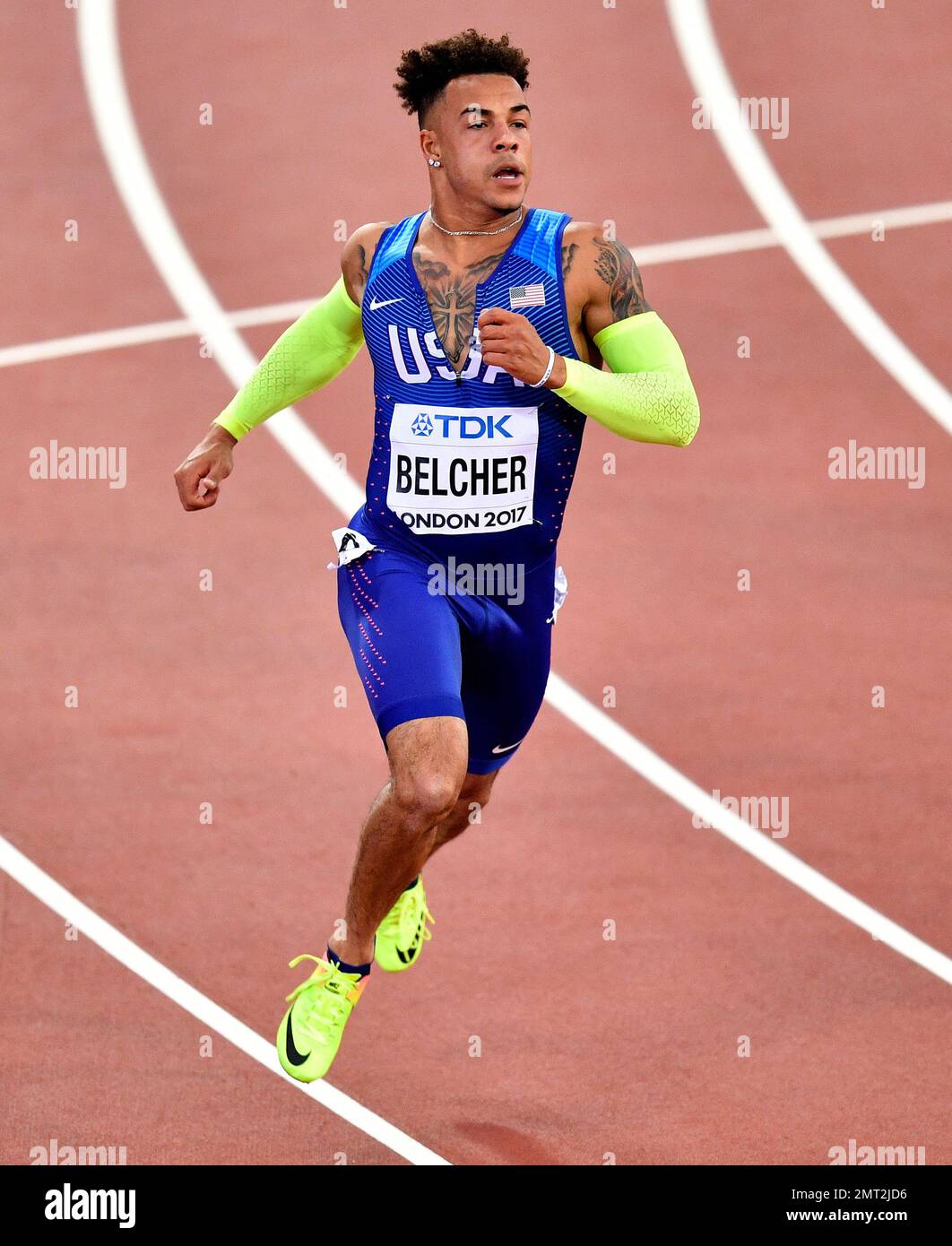 United States' Christopher Belcher crosses the finish line in his heat ...