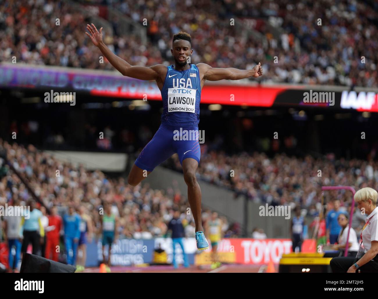United States' Jarrion Lawson competes in men's long jump qualification ...