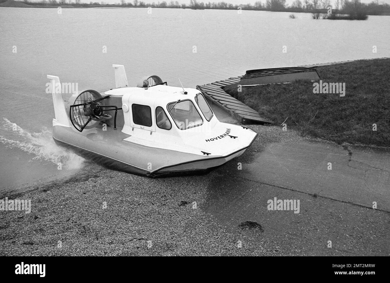 A view of a HA5 Hoverhawk Hovercraft taking to the land at Crowland ...