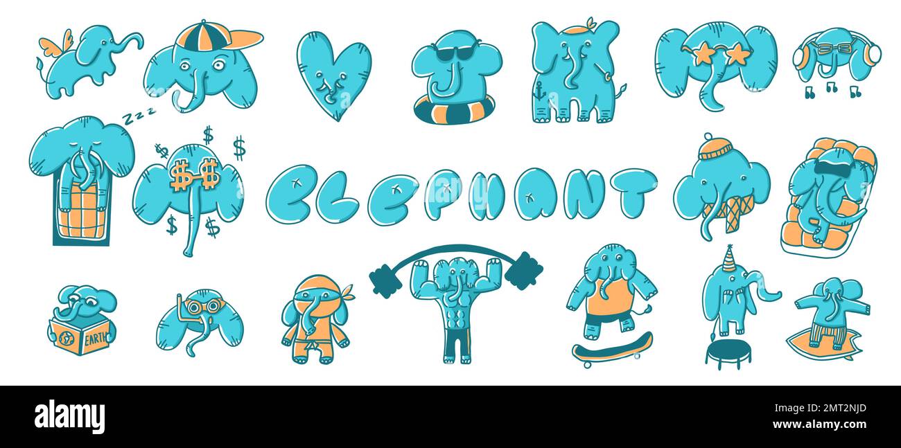 Elephants set in different situations. Vector illustration in cartoon ...