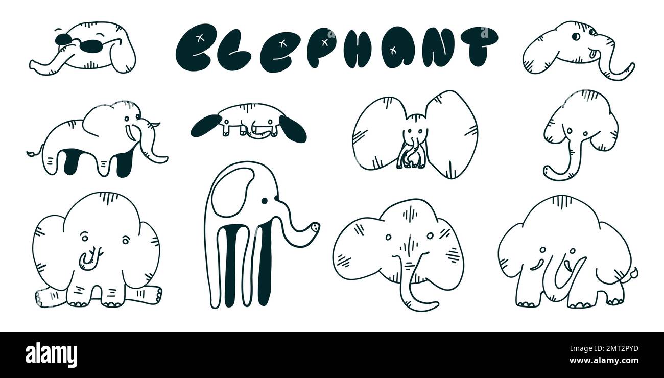 Elephants set in different situations. Vector illustration in outline ...