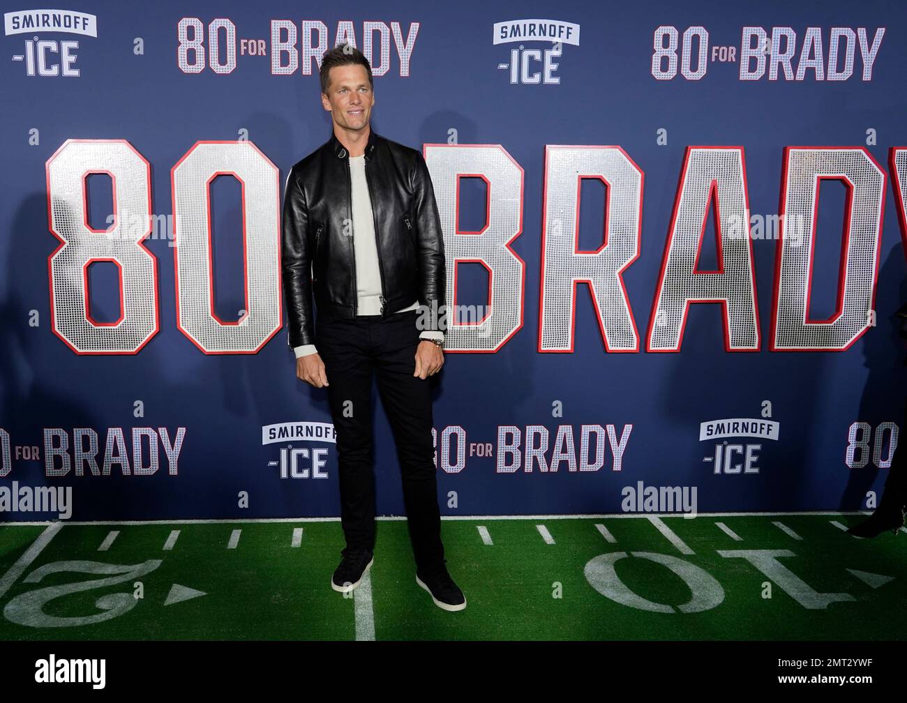 Tom Brady poses at the premiere of the film "80 for Brady," Tuesday ...