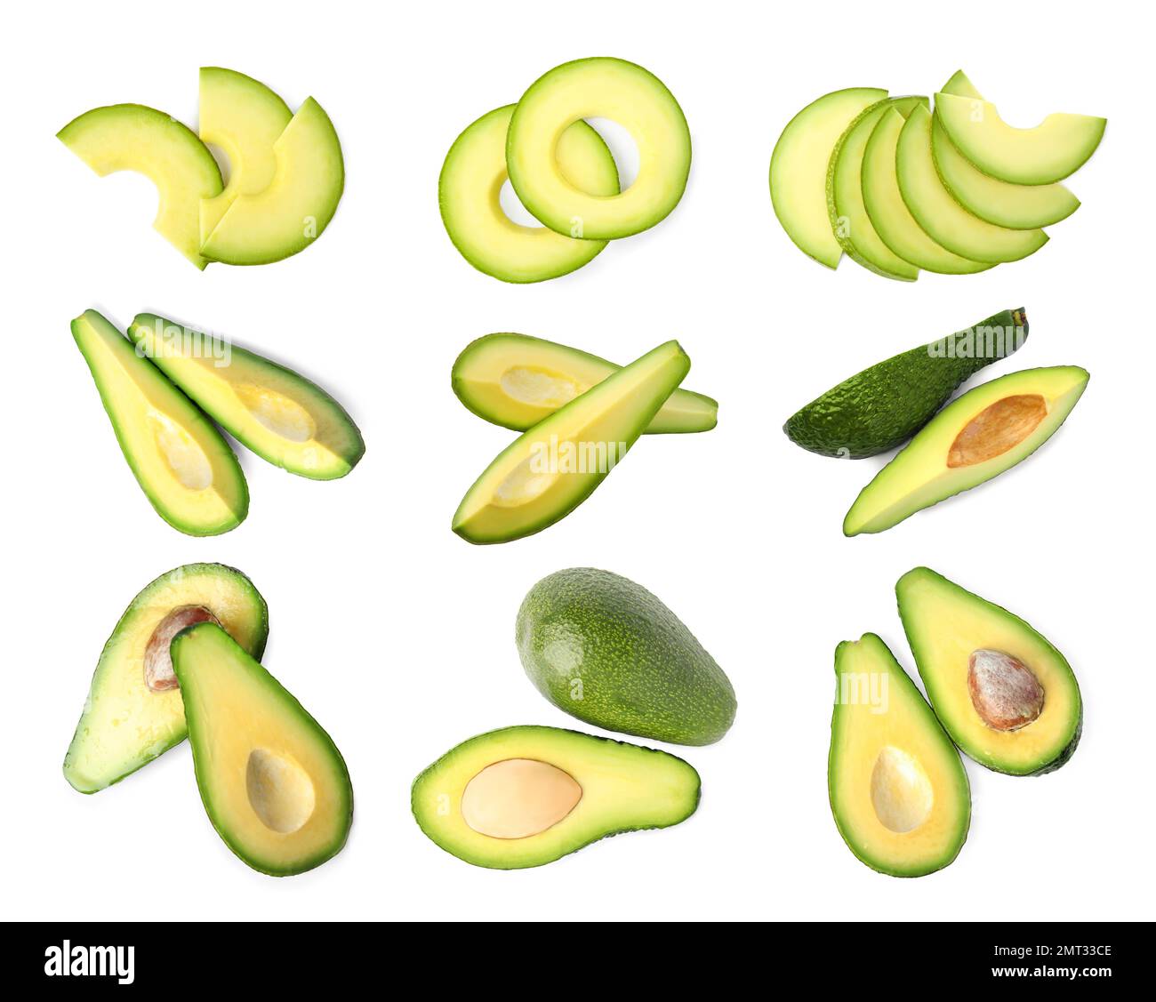 Set of delicious fresh avocados on white background, top view Stock ...