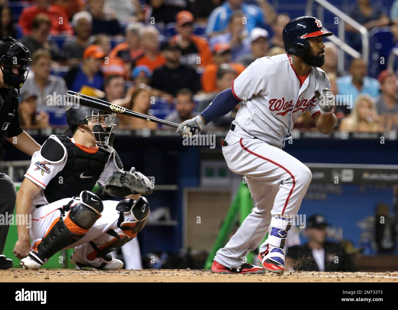 Washington Nationals' Brian Goodwin watches his single during the ...