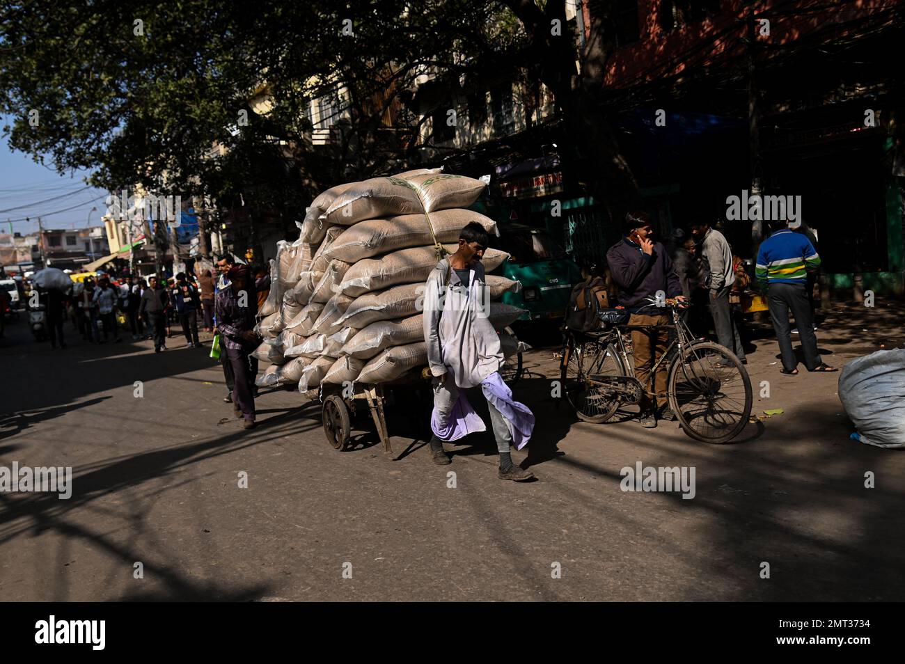 New Delhi, Delhi, India. 1st Feb, 2023. A labourer pulls a cart loaded ...