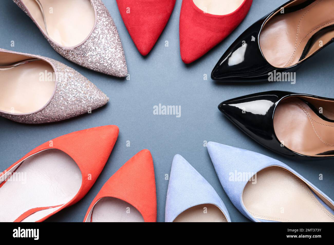 Flat lay composition with stylish shoes on grey background Stock Photo ...
