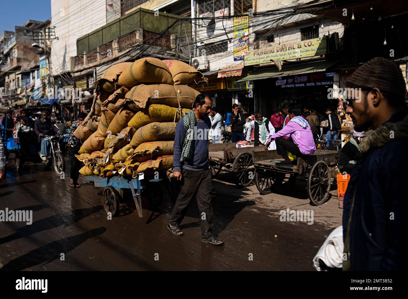 New Delhi, Delhi, India. 1st Feb, 2023. A labourer pulls a cart loaded ...