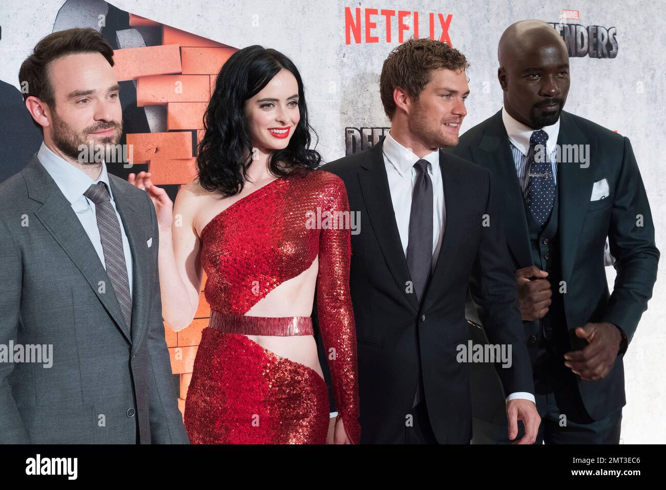 Charlie Cox, from left, Krysten Ritter, Finn Jones and Mike Colter attend Netflix's "Marvel's ...