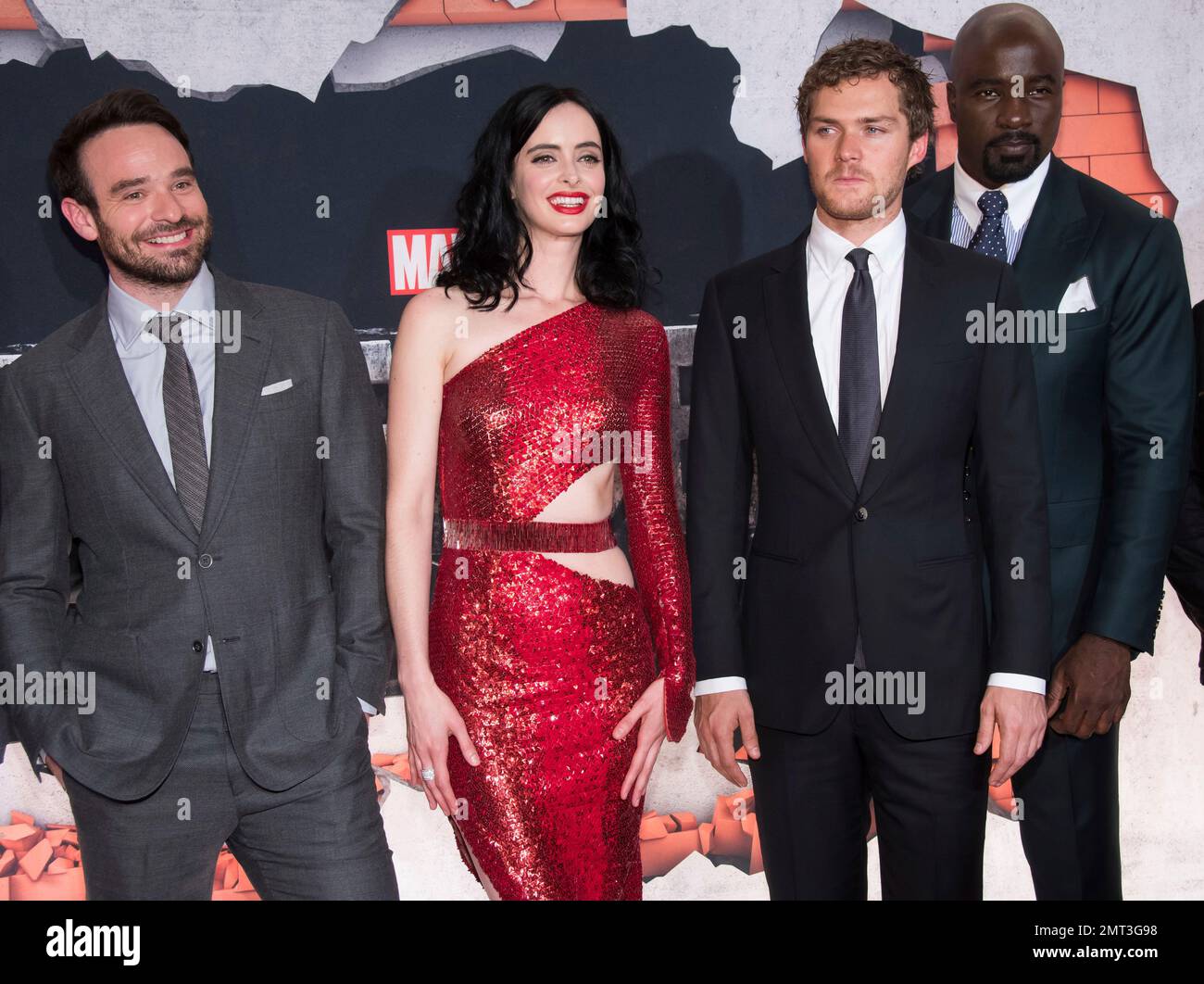 Charlie Cox, from left, Krysten Ritter, Finn Jones and Mike Colter attend Netflix's "Marvel's ...
