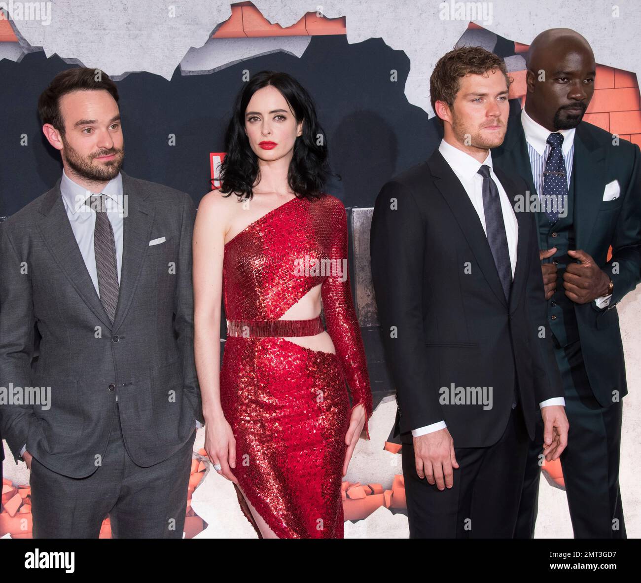 Charlie Cox, from left, Krysten Ritter, Finn Jones and Mike Colter attend Netflix's "Marvel's ...