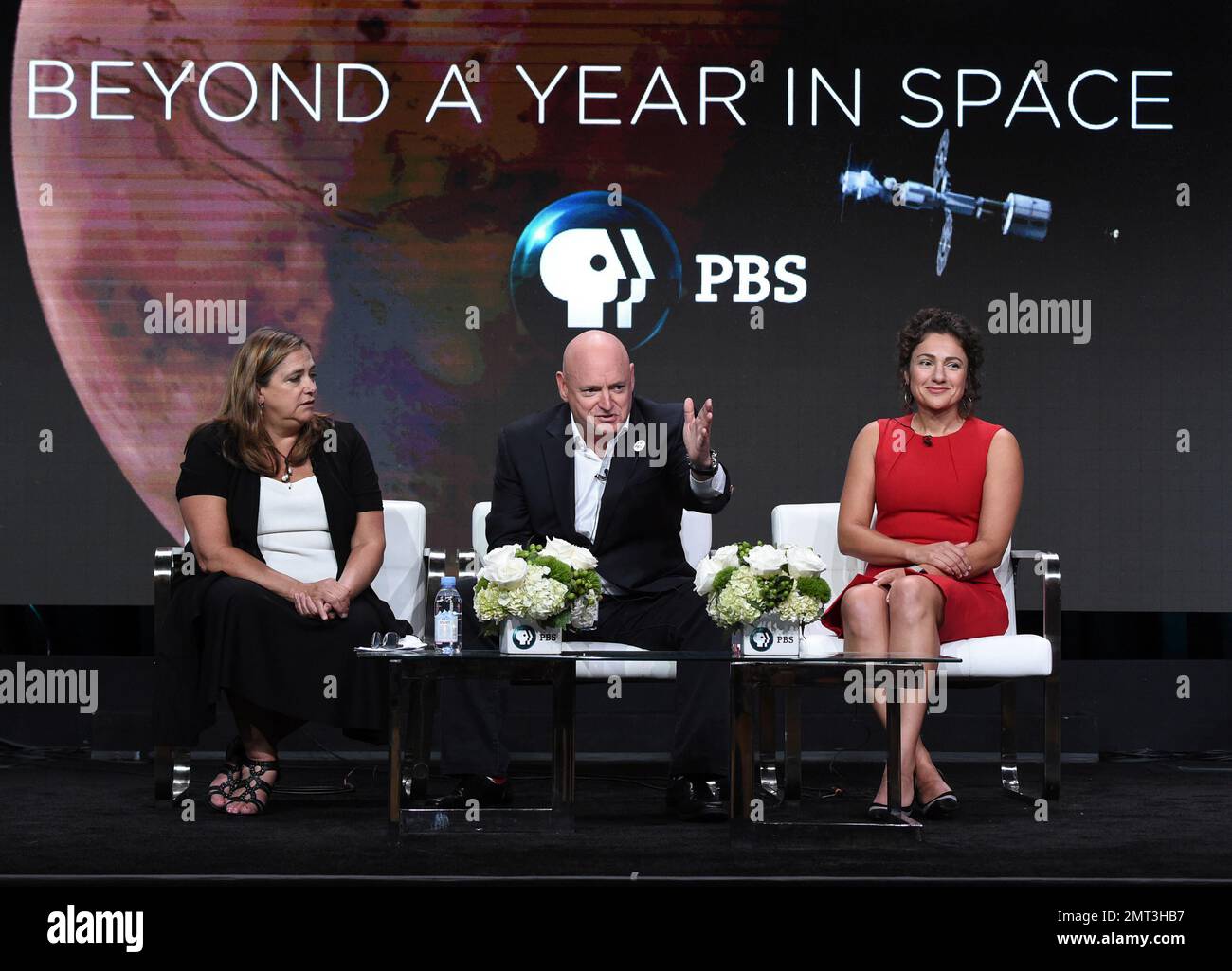 Beth Hoppe, chief programming executive, PBS, from left, and astronauts ...