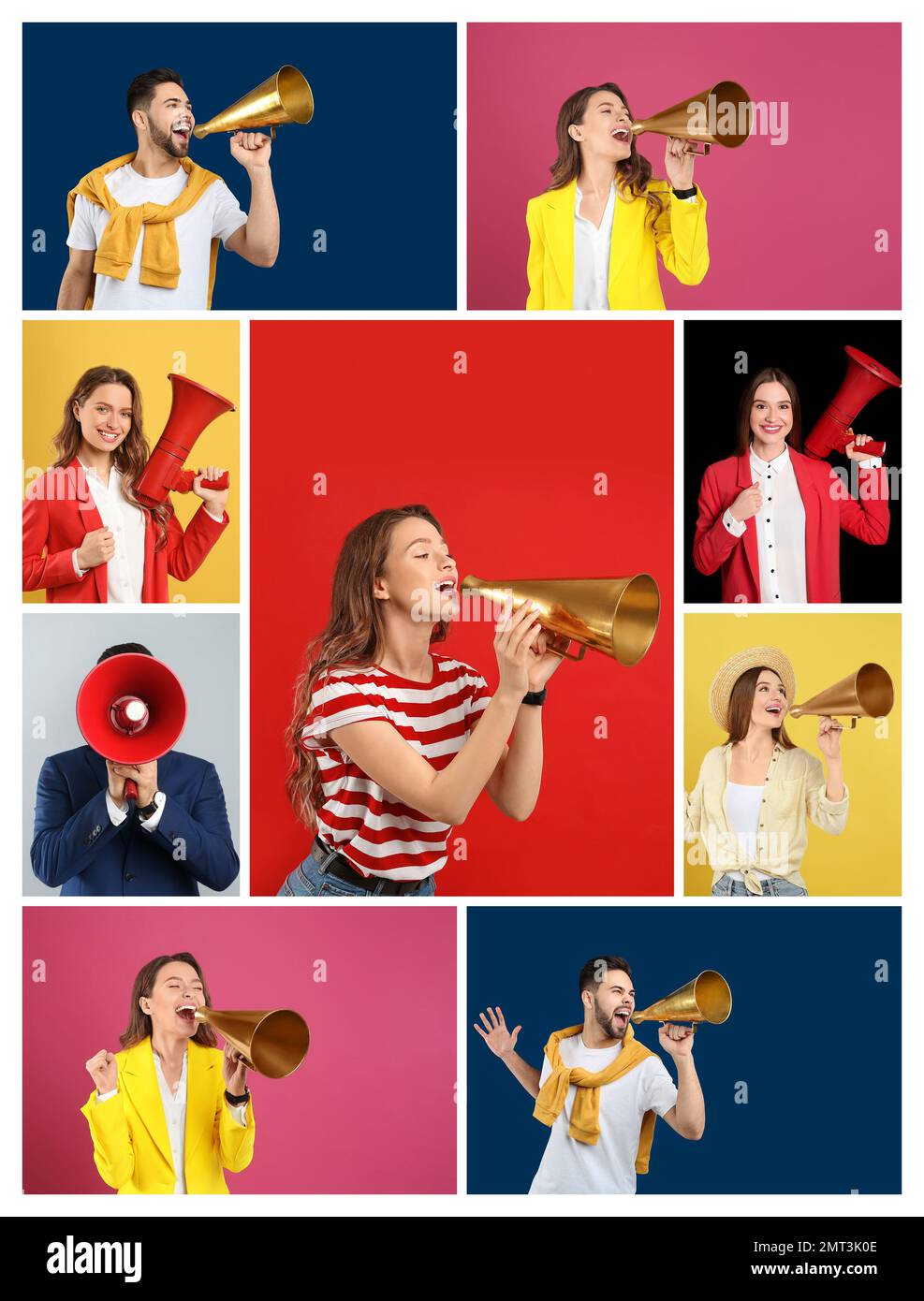 Collage of people with megaphones on color backgrounds Stock Photo - Alamy