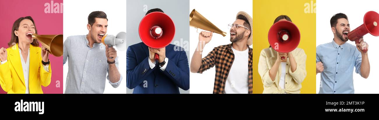 Collage of people with megaphones on color backgrounds. Banner design ...