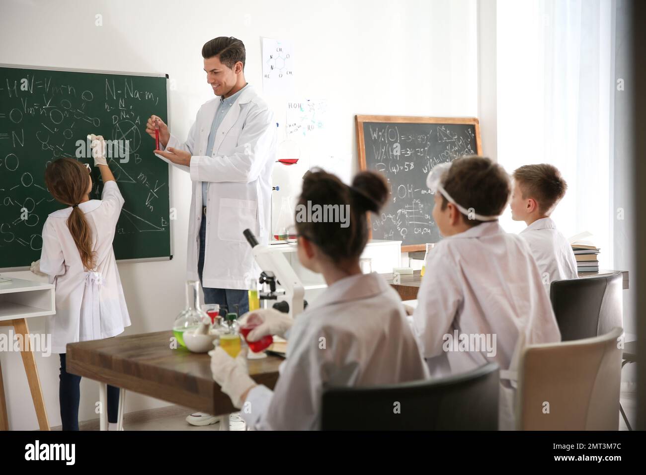 Teacher with pupils at chemistry lesson in classroom Stock Photo - Alamy