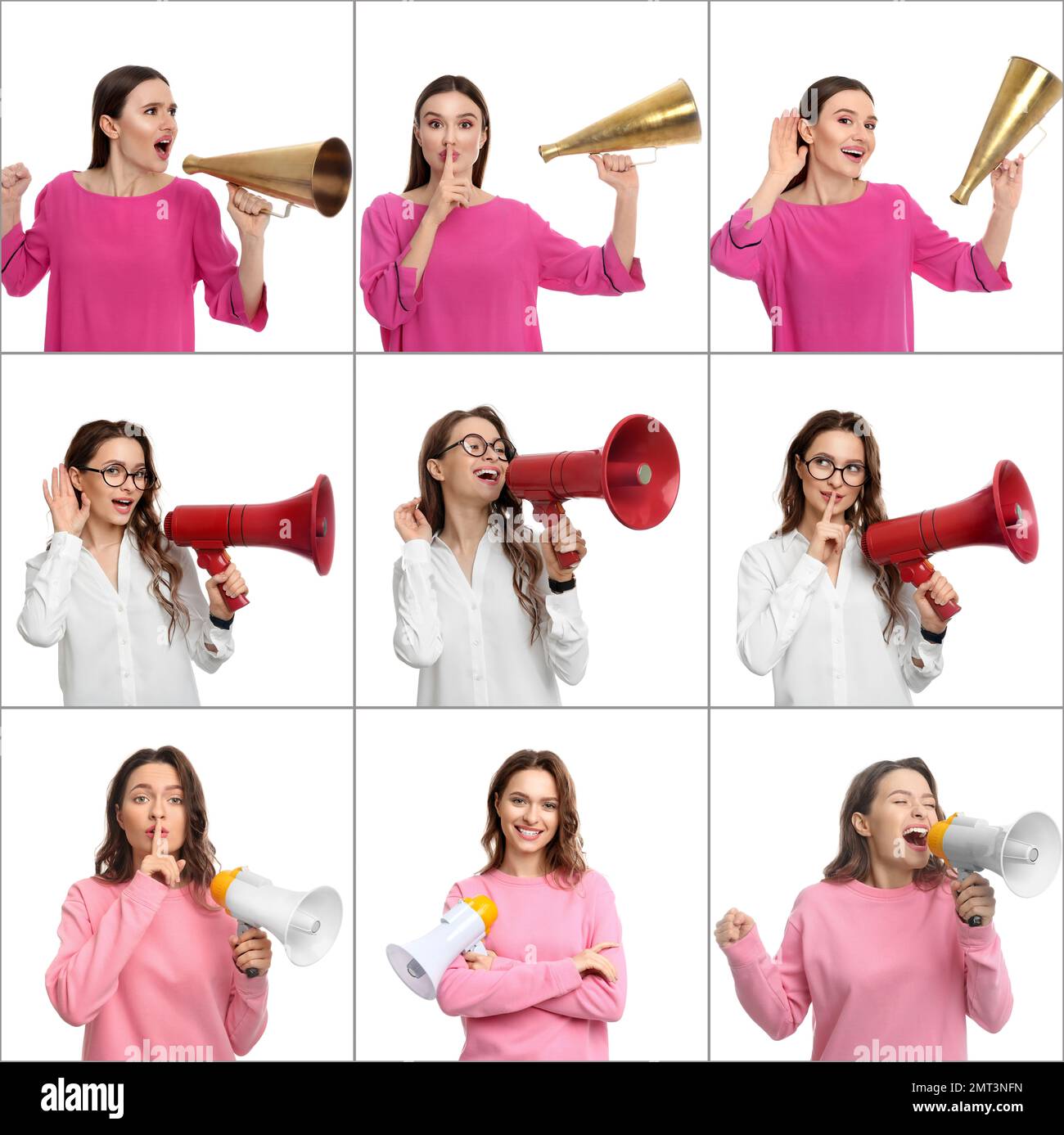 Collage of women with megaphones on white background Stock Photo - Alamy