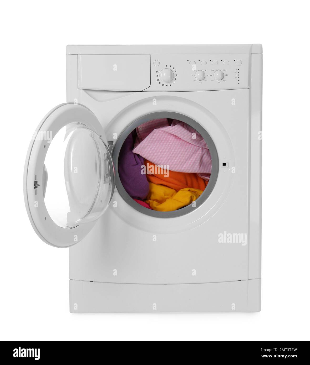 Modern washing machine with laundry isolated on white Stock Photo - Alamy