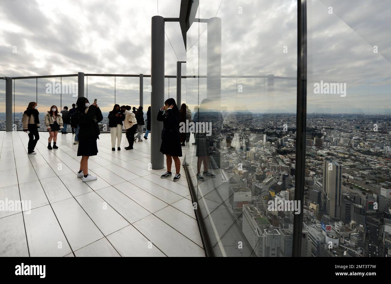 Tourist enjoying the views from the Shibuya Sky roof on top of the ...