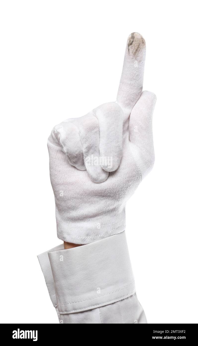 Person in white glove showing dust on finger against light grey ...