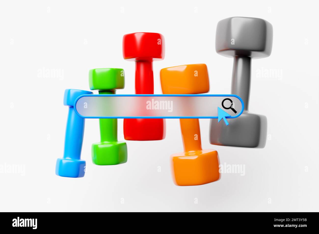 3D illustration, search bar design element with sports equipment ...