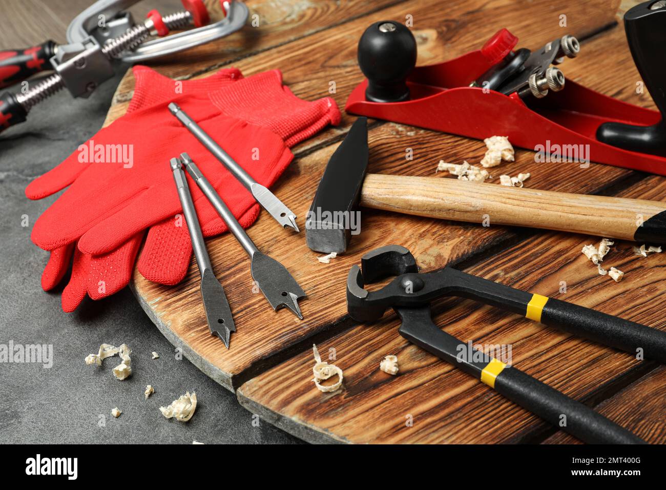 Set of modern carpenter's tools on grey table Stock Photo - Alamy