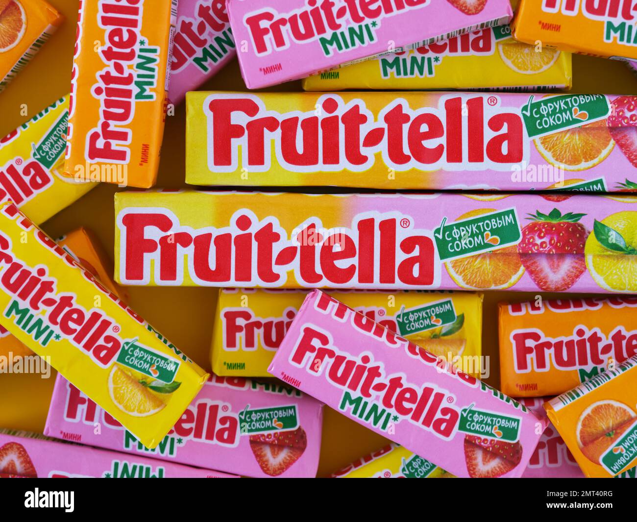 Tambov, Russian Federation - January 22, 2023 A pile of Fruit-tella ...