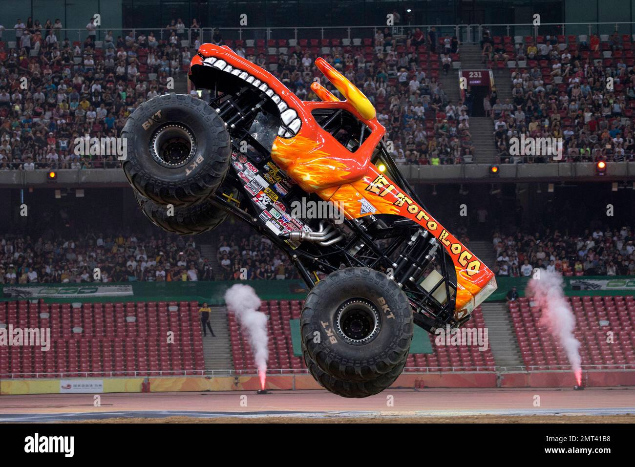 A Monster Jam truck performs during the first-ever monster truck event ...