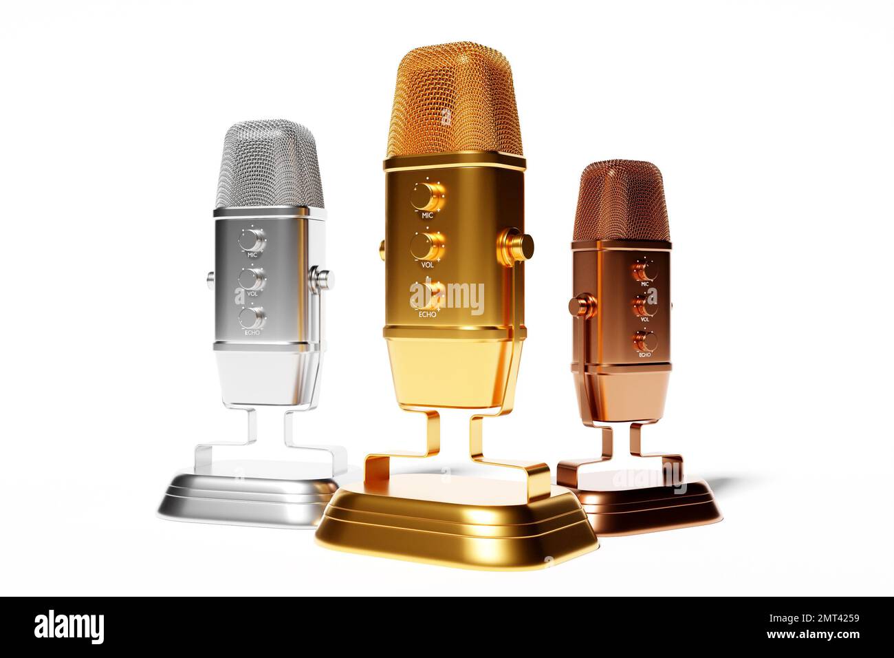 Golden , silver and bronze metal retro microphones on a white ...