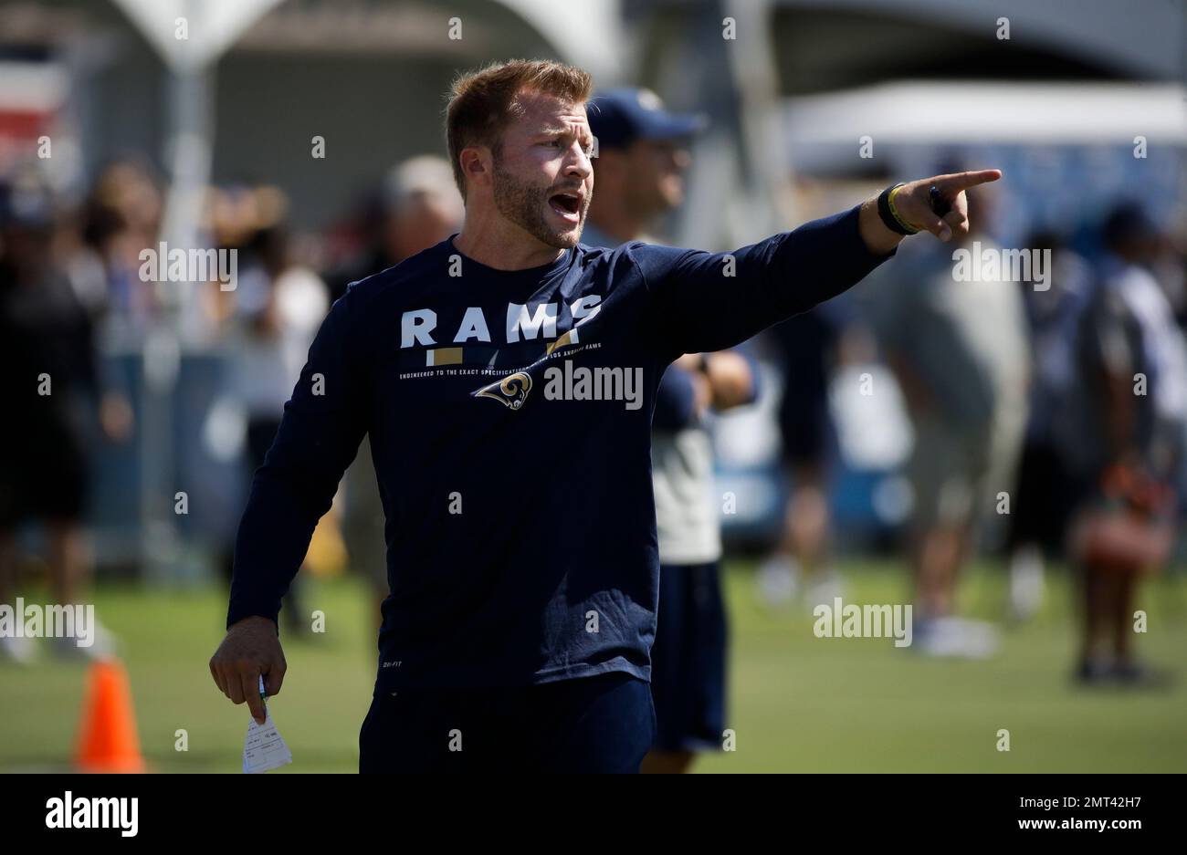 Los Angeles Rams head coach Sean McVay gives an instruction at an NFL ...