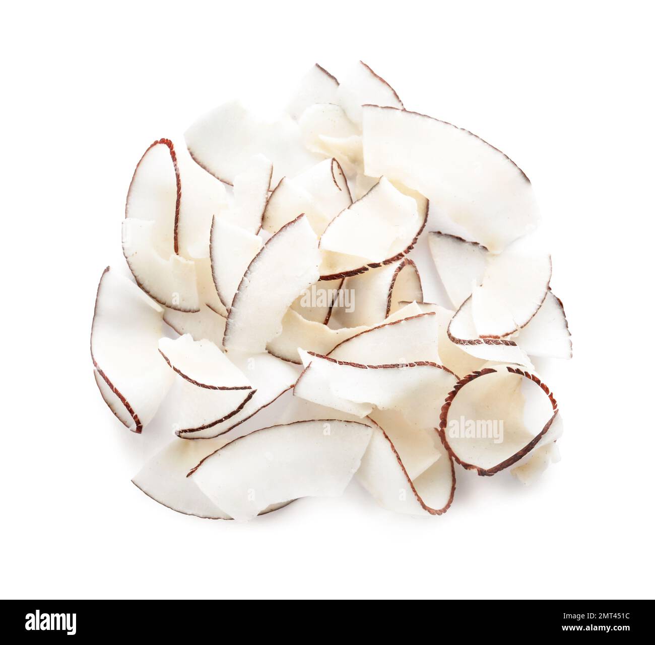 Pile of fresh coconut flakes isolated on white, top view Stock Photo ...