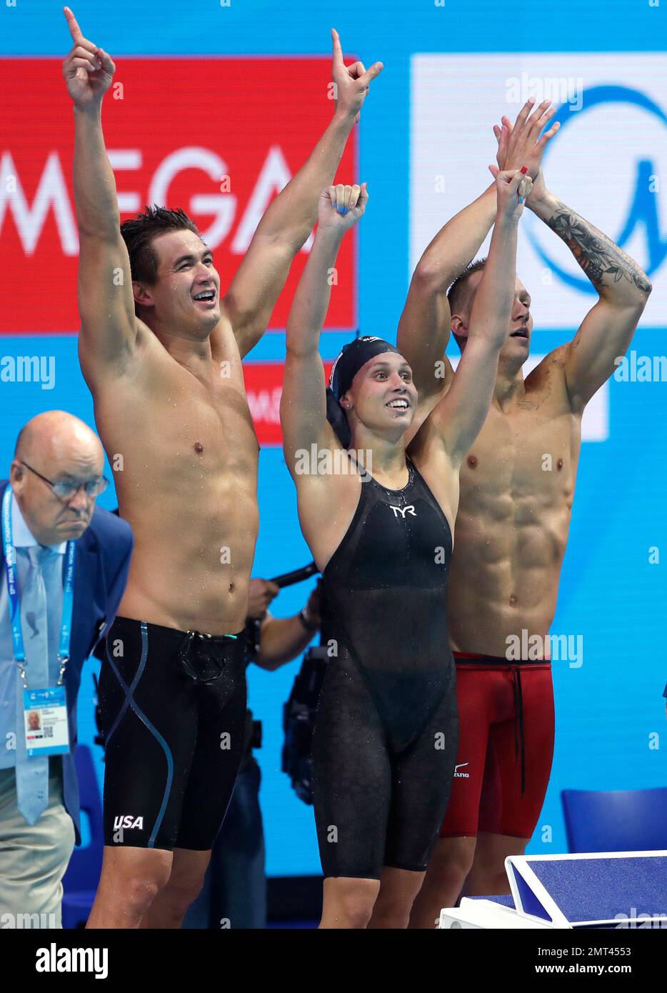 United States' Nathan Adrian, Mallory Comerford and Caeleb Dressel ...