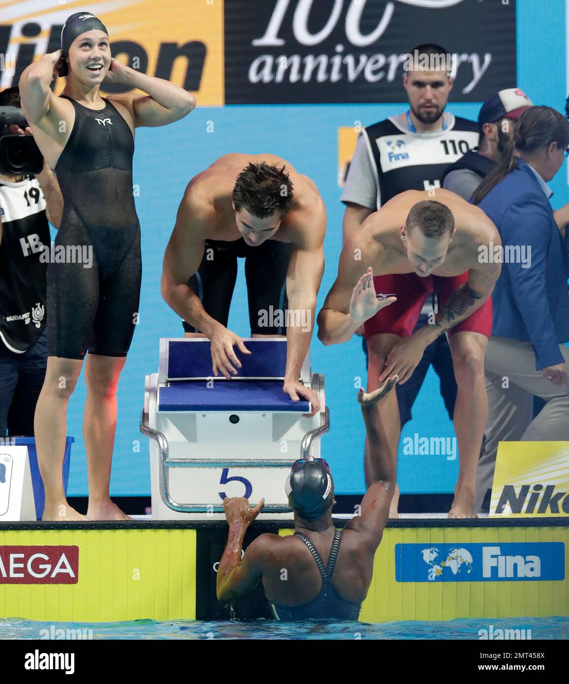 United States' Mallory Comerford, Nathan Adrian and Caeleb Dressel ...