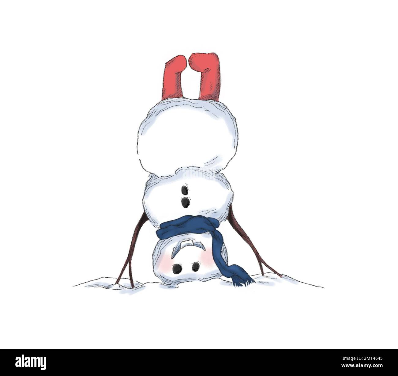 An illustration of a snowman with a scarf, standing upside down on a ...