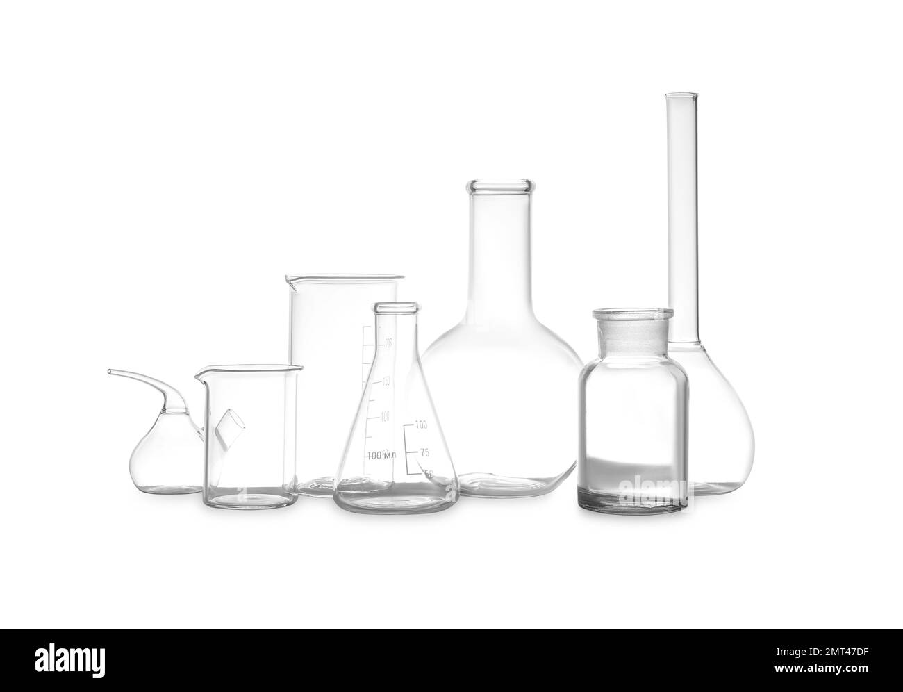 Clean empty laboratory glassware isolated on white Stock Photo - Alamy