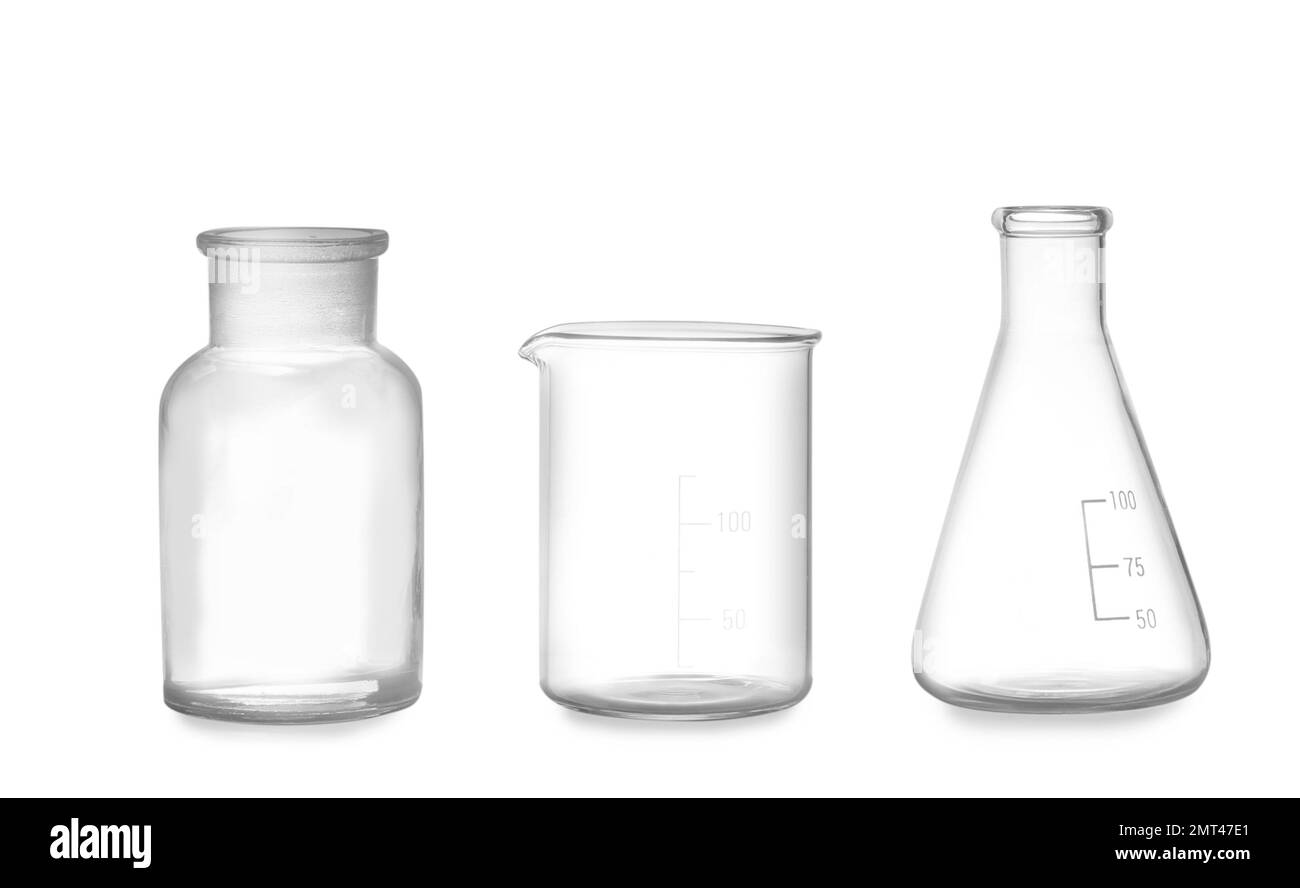 Clean empty laboratory glassware isolated on white Stock Photo - Alamy