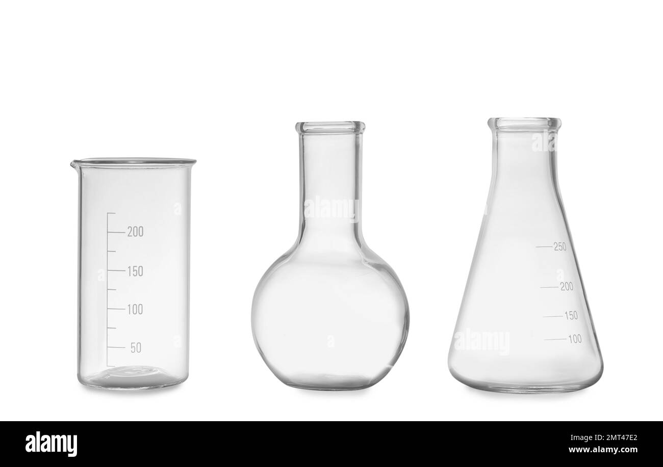 Clean empty laboratory glassware isolated on white Stock Photo - Alamy
