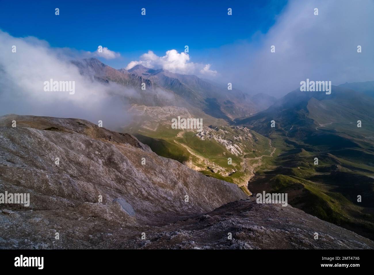High alpine landscape with craters, mountains and ridges of the French ...