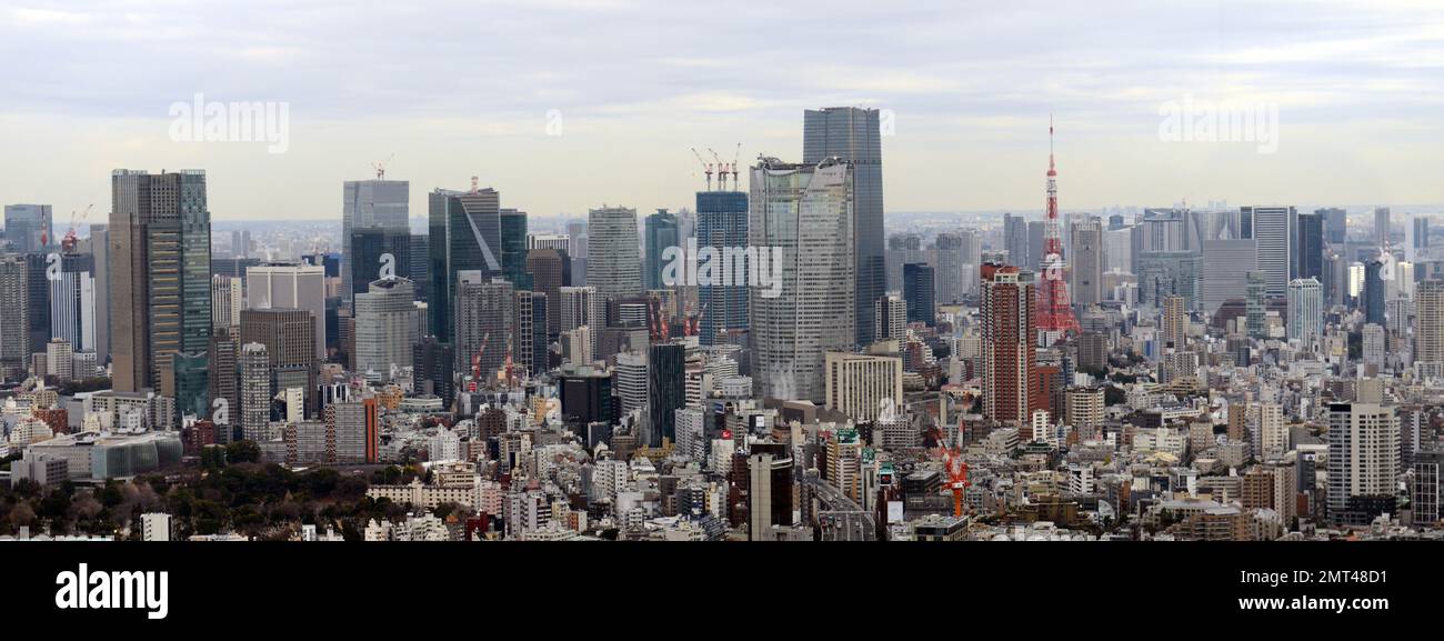 A view of the Tokyo Tower and modern skyline in the Tokyo / Ginza area ...