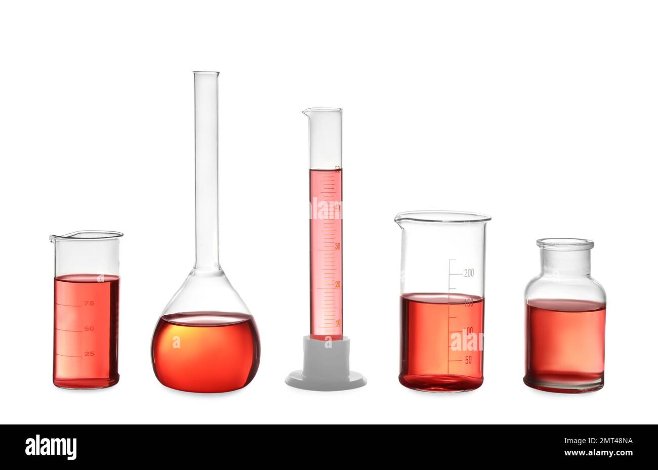 Different laboratory glassware with red liquid isolated on white Stock ...