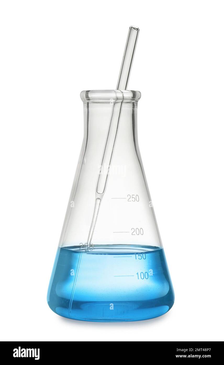 Conical flask with light blue liquid isolated on white Stock Photo - Alamy