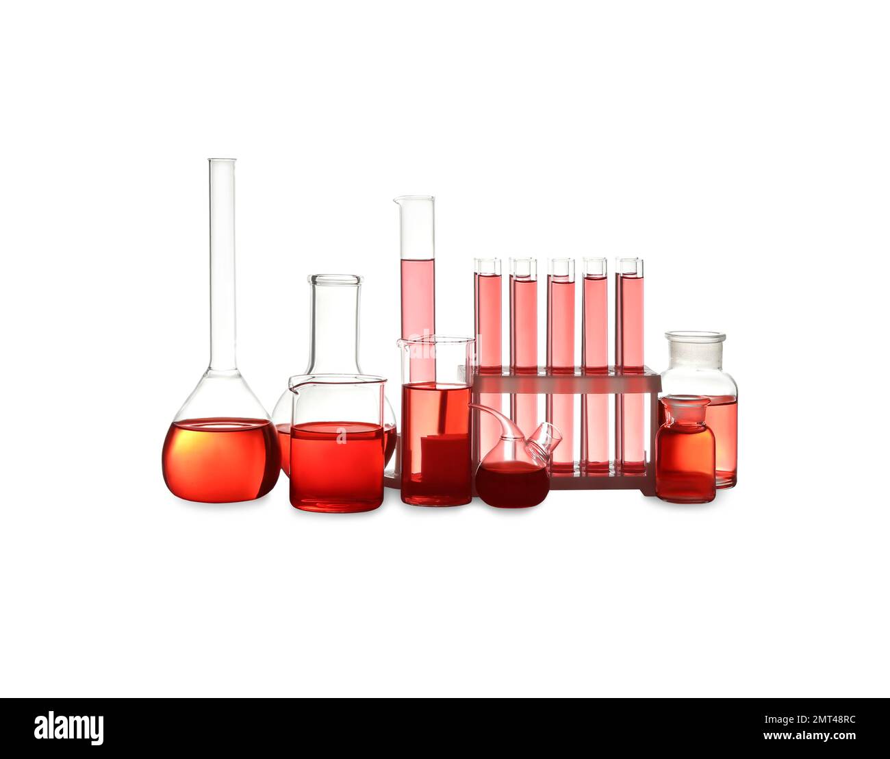 Different laboratory glassware with red liquid isolated on white Stock ...