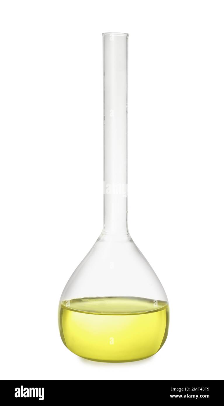 Volumetric flask with yellow liquid isolated on white Stock Photo - Alamy