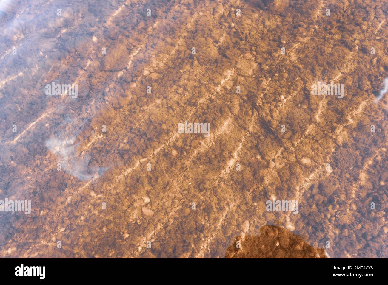 The bottom of the river through clear water with reflection of light ...